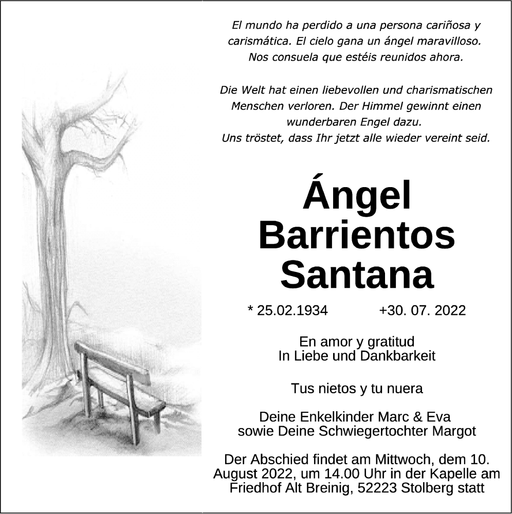 Traueranzeigen von Angel Barrientos Santana | Aachen gedenkt