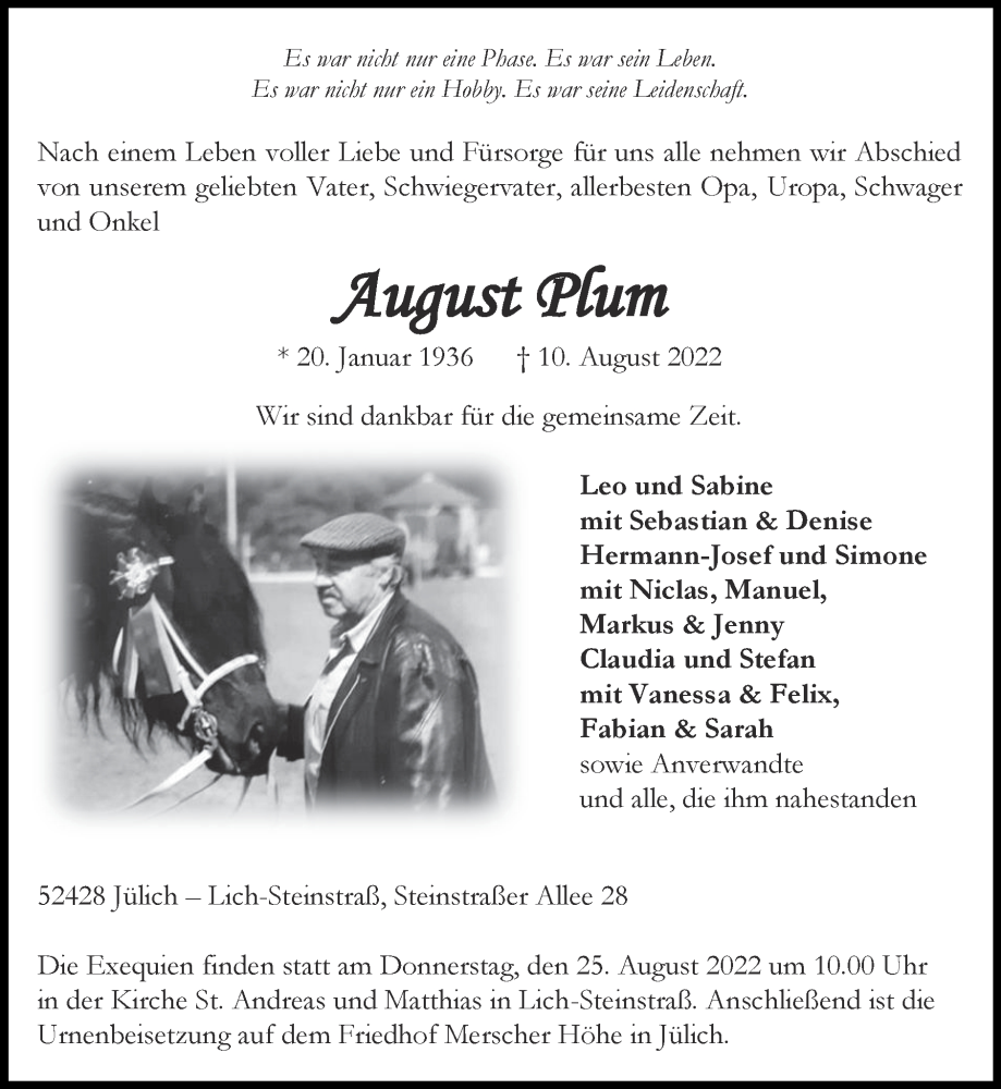 Traueranzeigen von August Plum | Aachen gedenkt