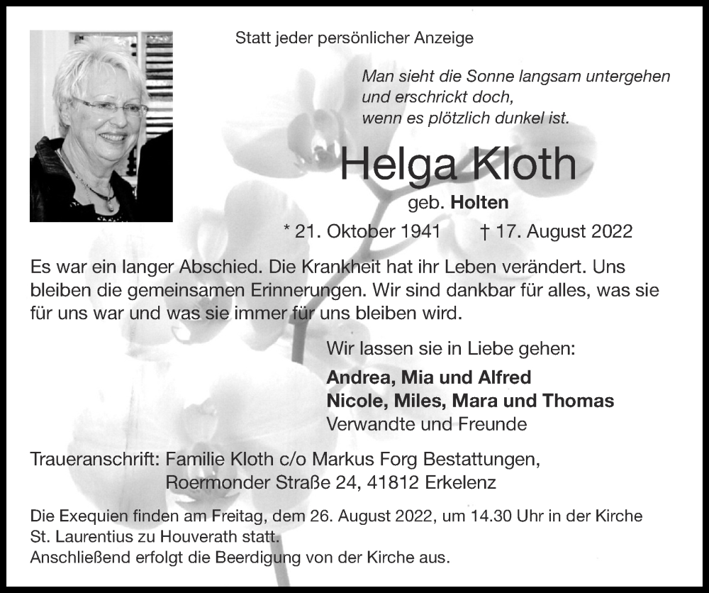 Traueranzeigen von Helga Kloth | Aachen gedenkt