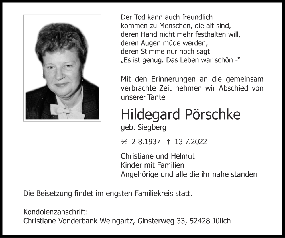 Traueranzeigen von Hildegard Pörschke | Aachen gedenkt Traueranzeigen von Hildegard Pörschke | Aachen gedenkt