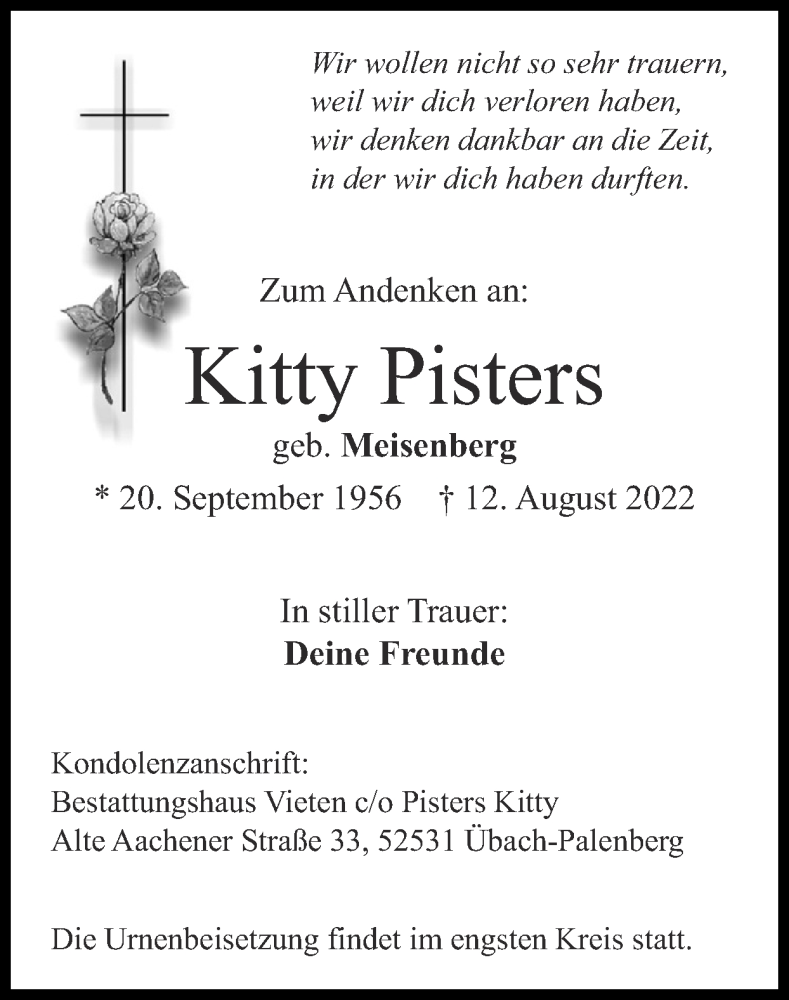 Traueranzeigen von Kitty Pisters | Aachen gedenkt