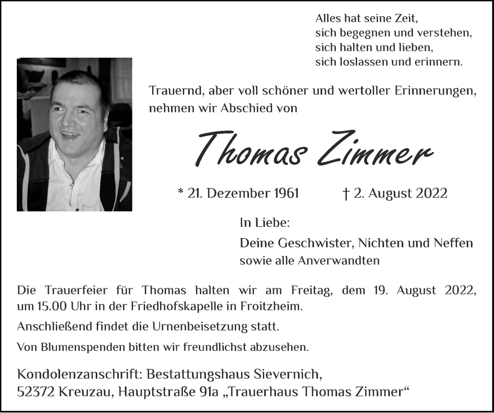Traueranzeigen von Thomas Zimmer | Aachen gedenkt Traueranzeigen von Thomas Zimmer | Aachen gedenkt