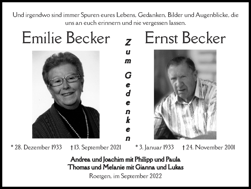 Traueranzeigen von Emilie Becker | Aachen gedenkt