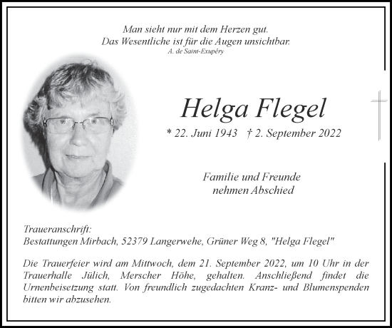 Traueranzeigen von Helga Flegel | Aachen gedenkt