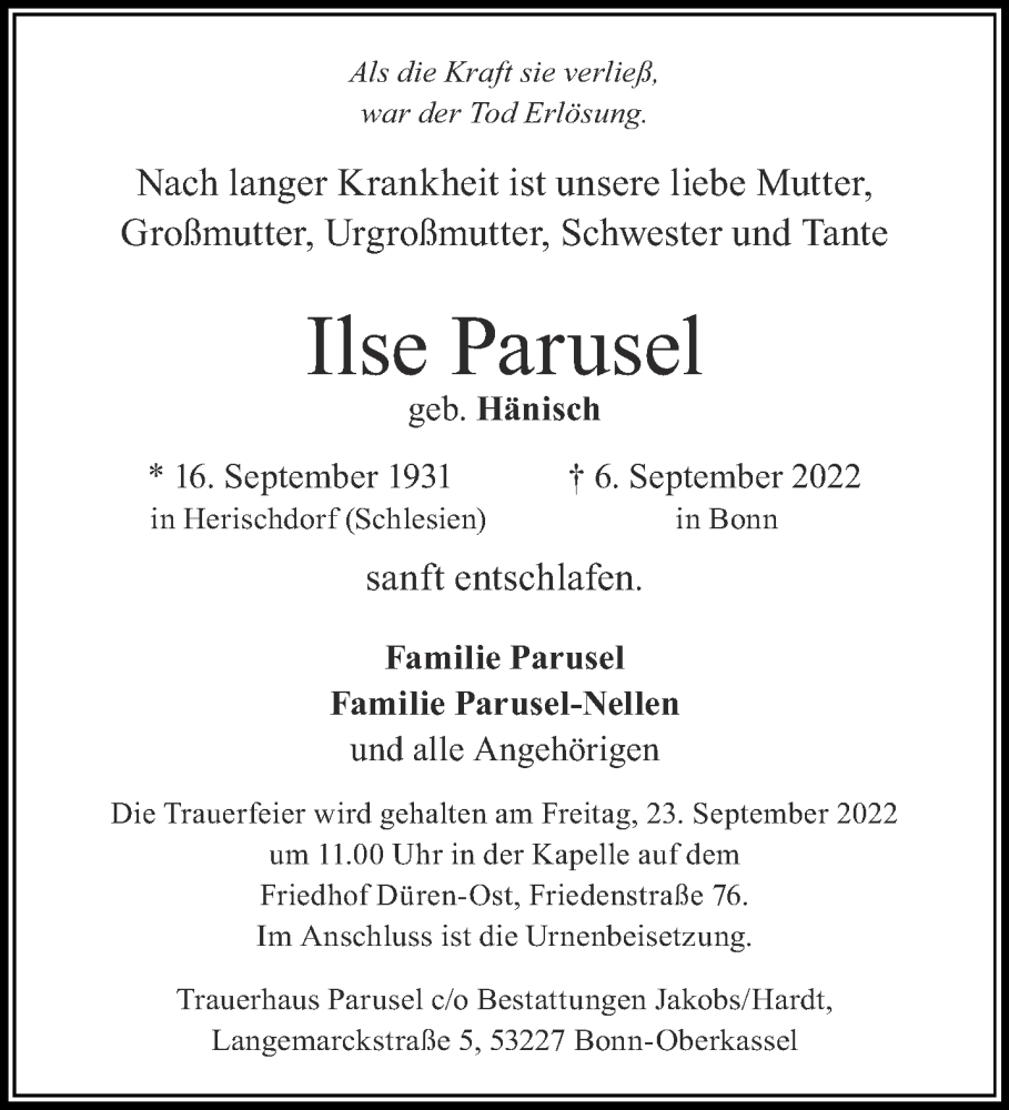 Traueranzeigen von Ilse Parusel | Aachen gedenkt