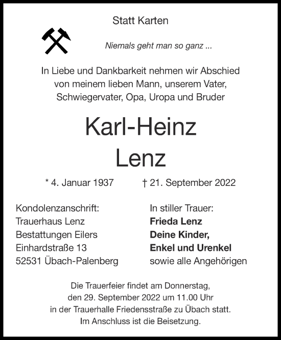 Traueranzeigen von Karl-Heinz Lenz | Aachen gedenkt
