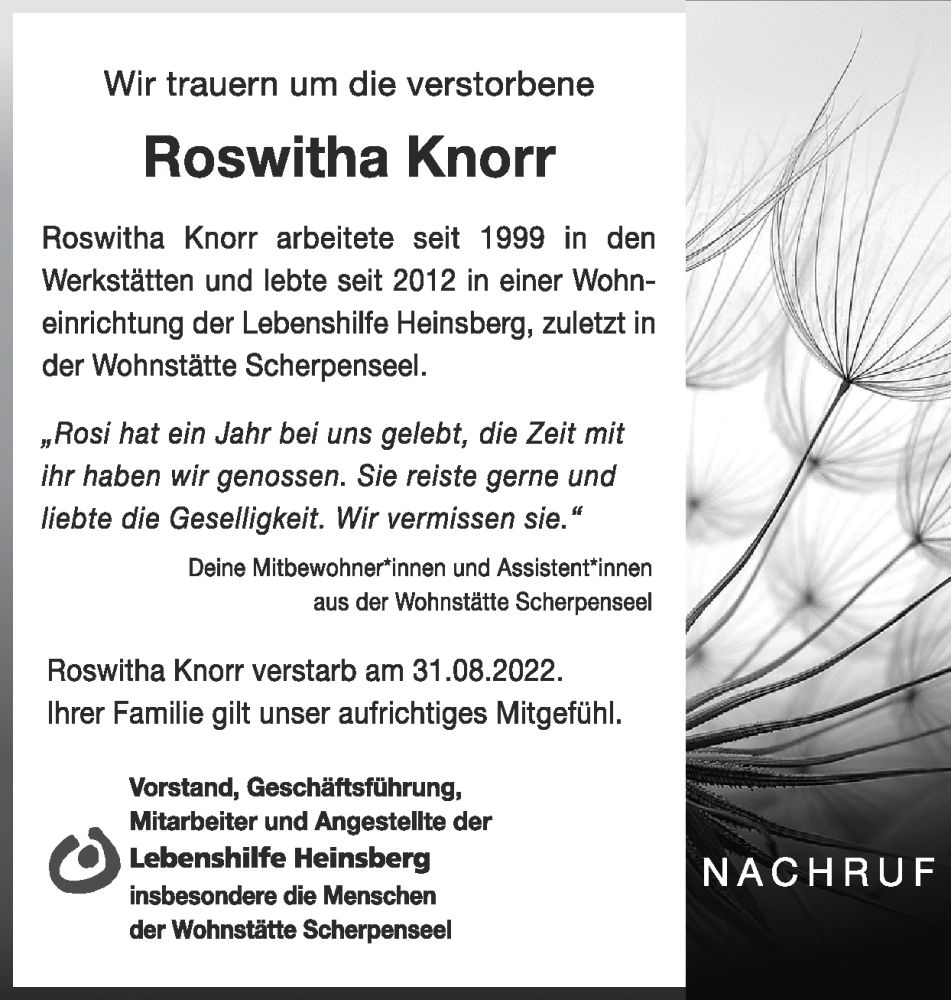 Traueranzeigen von Roswitha Knorr | Aachen gedenkt