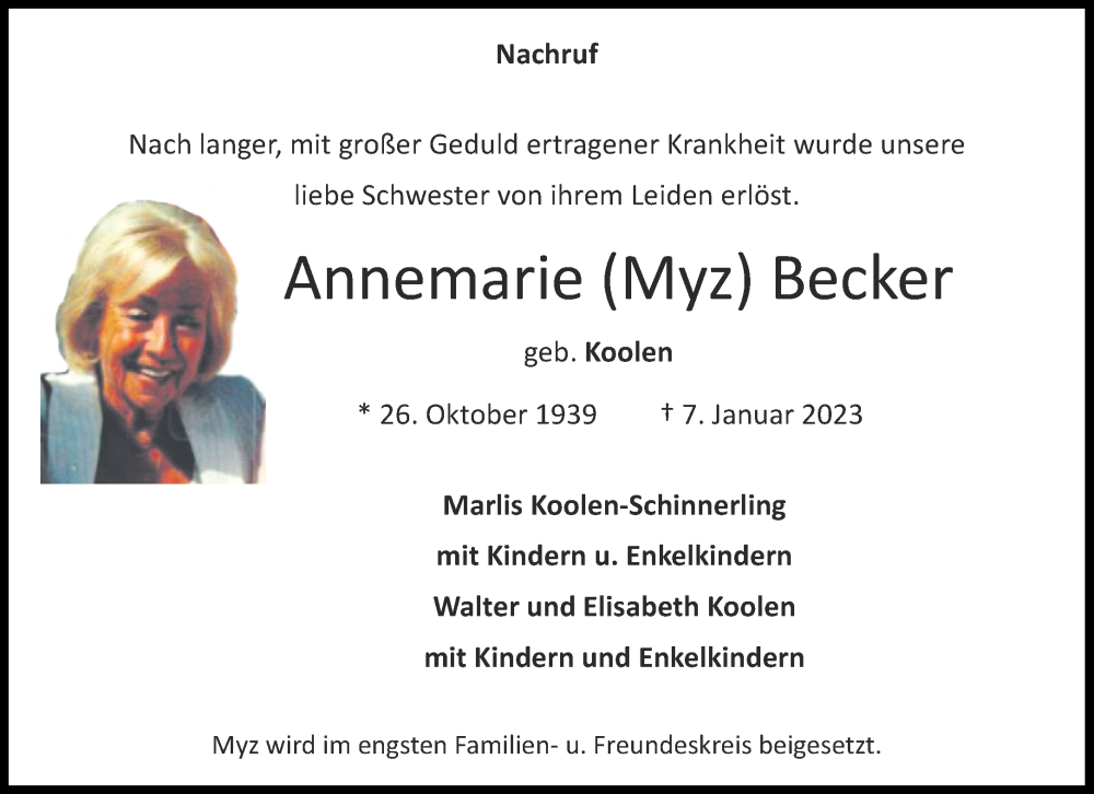 Traueranzeigen von Annemarie Becker | Aachen gedenkt