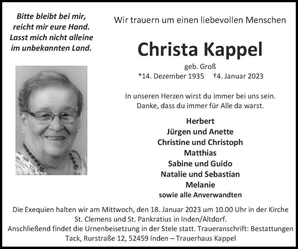 Traueranzeigen von Christa Kappel | Aachen gedenkt