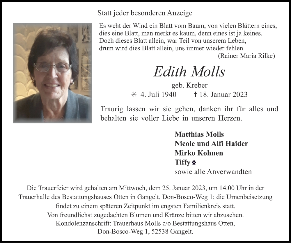 Traueranzeigen von Edith Molls | Aachen gedenkt