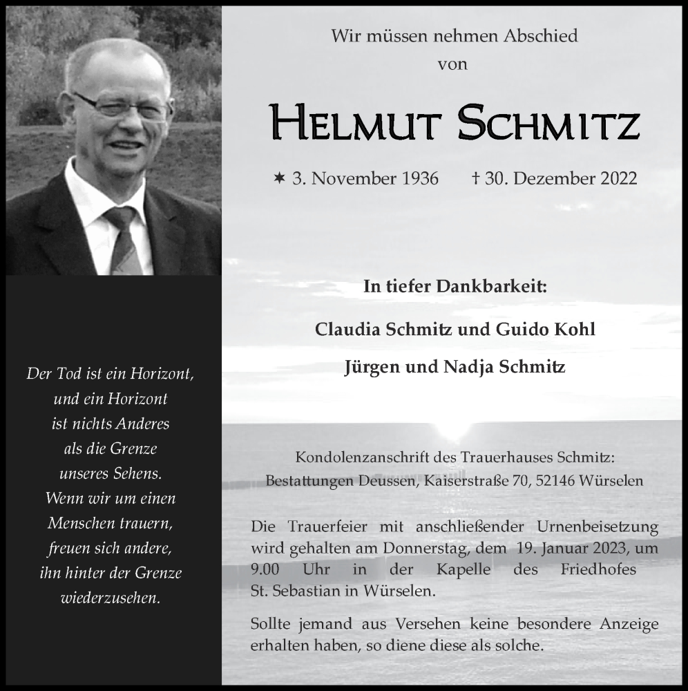 Traueranzeigen von Helmut Schmitz | Aachen gedenkt