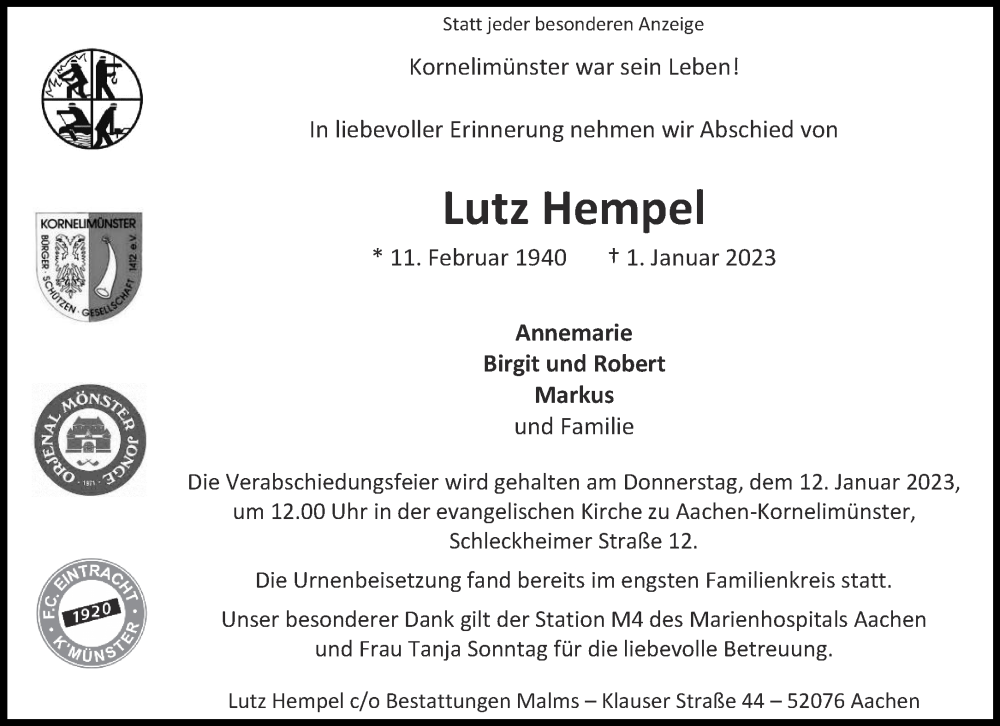 Traueranzeigen von Lutz Hempel | Aachen gedenkt