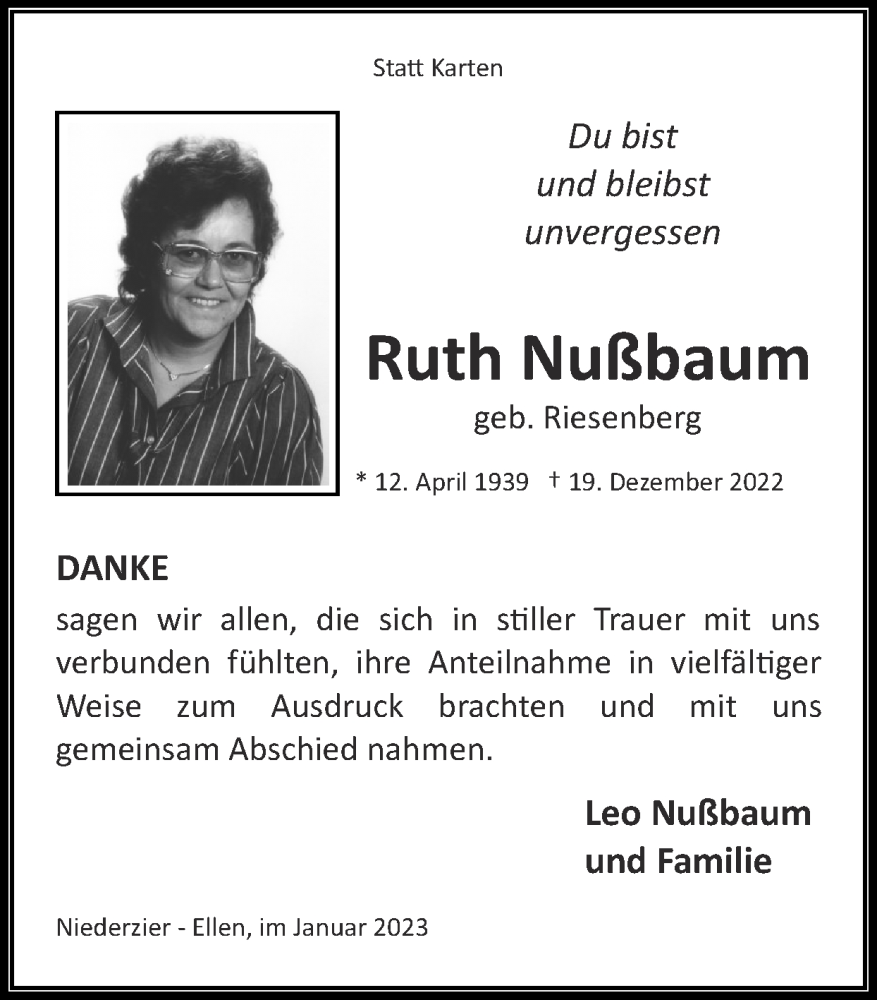 Traueranzeigen von Ruth Nußbaum | Aachen gedenkt