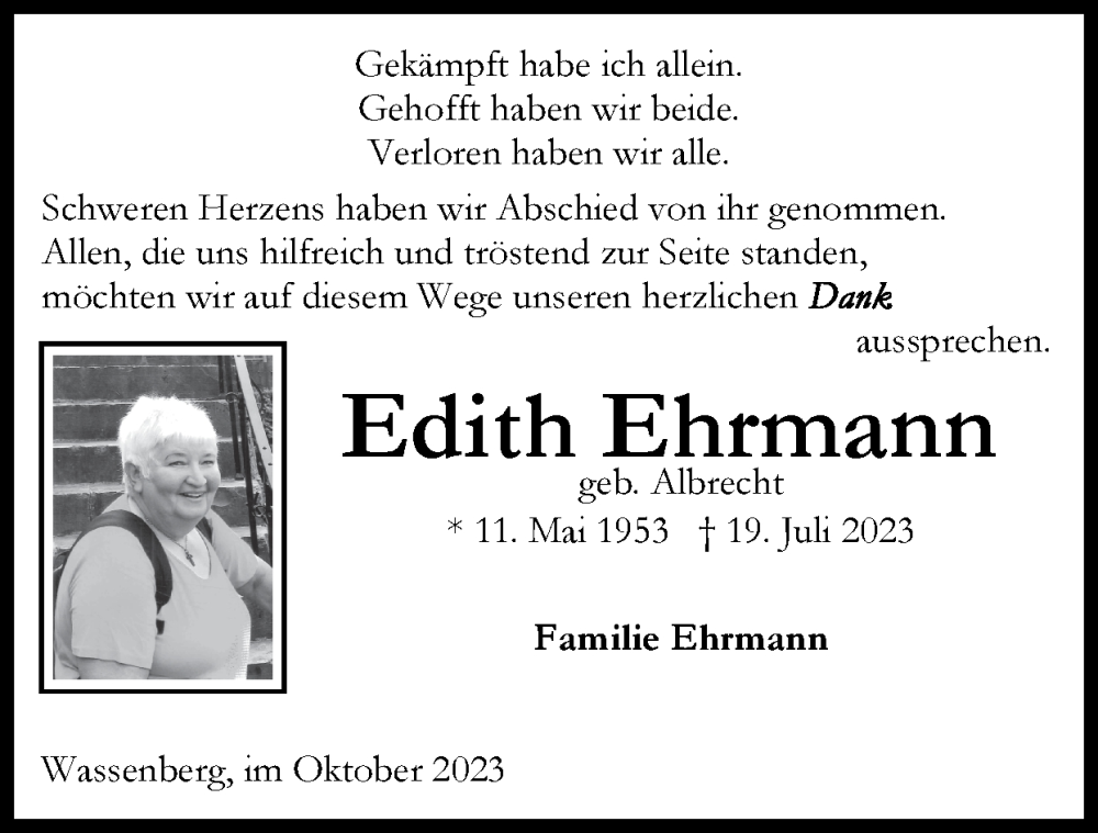 Traueranzeigen von Edith Ehrmann | Aachen gedenkt