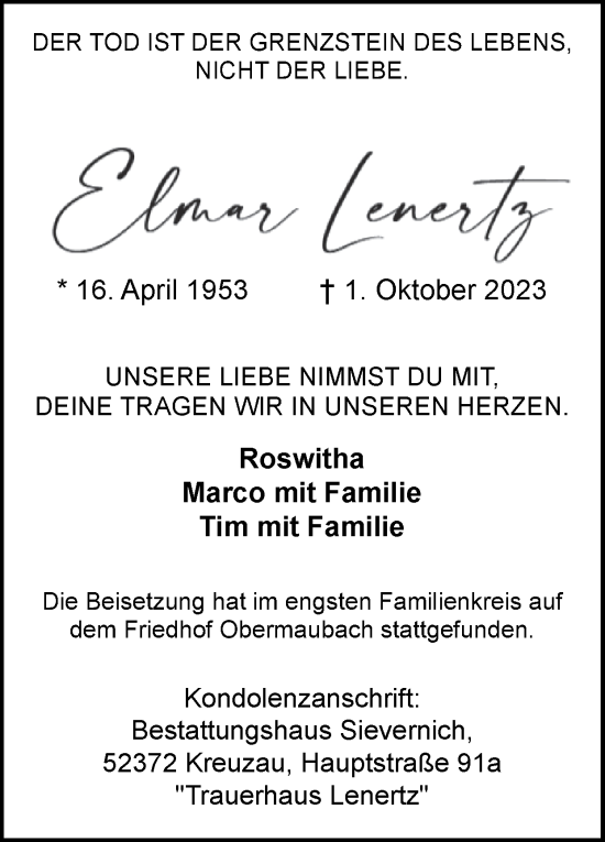 Traueranzeigen von Elmar Lenertz | Aachen gedenkt