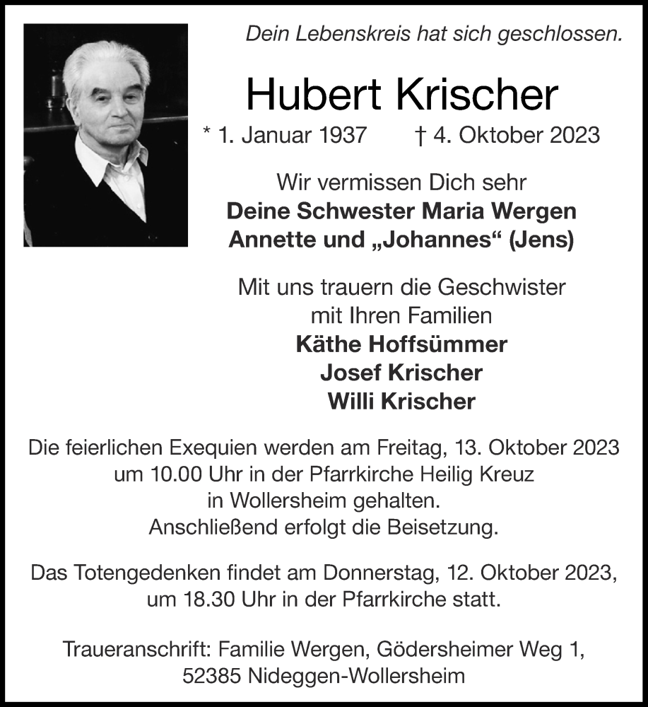Traueranzeigen von Hubert Krischer | Aachen gedenkt