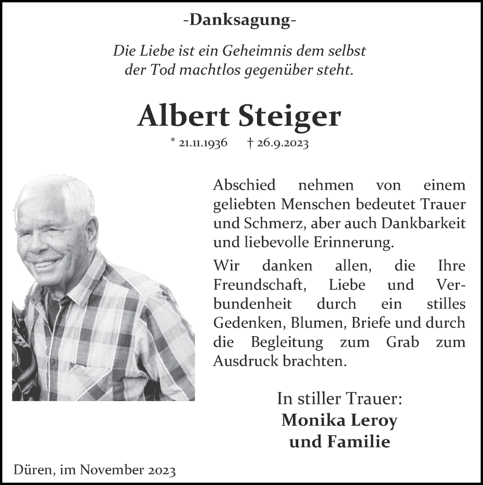 Traueranzeigen von Albert Steiger | Aachen gedenkt Traueranzeigen von Albert Steiger | Aachen gedenkt