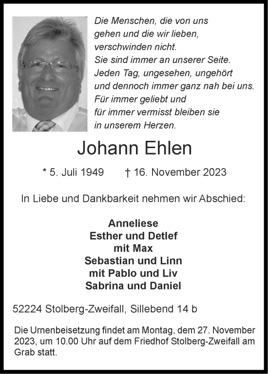 Traueranzeigen von Johann Ehlen | Aachen gedenkt