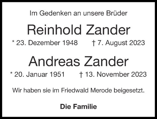 Traueranzeigen von Andreas Zander | Aachen gedenkt
