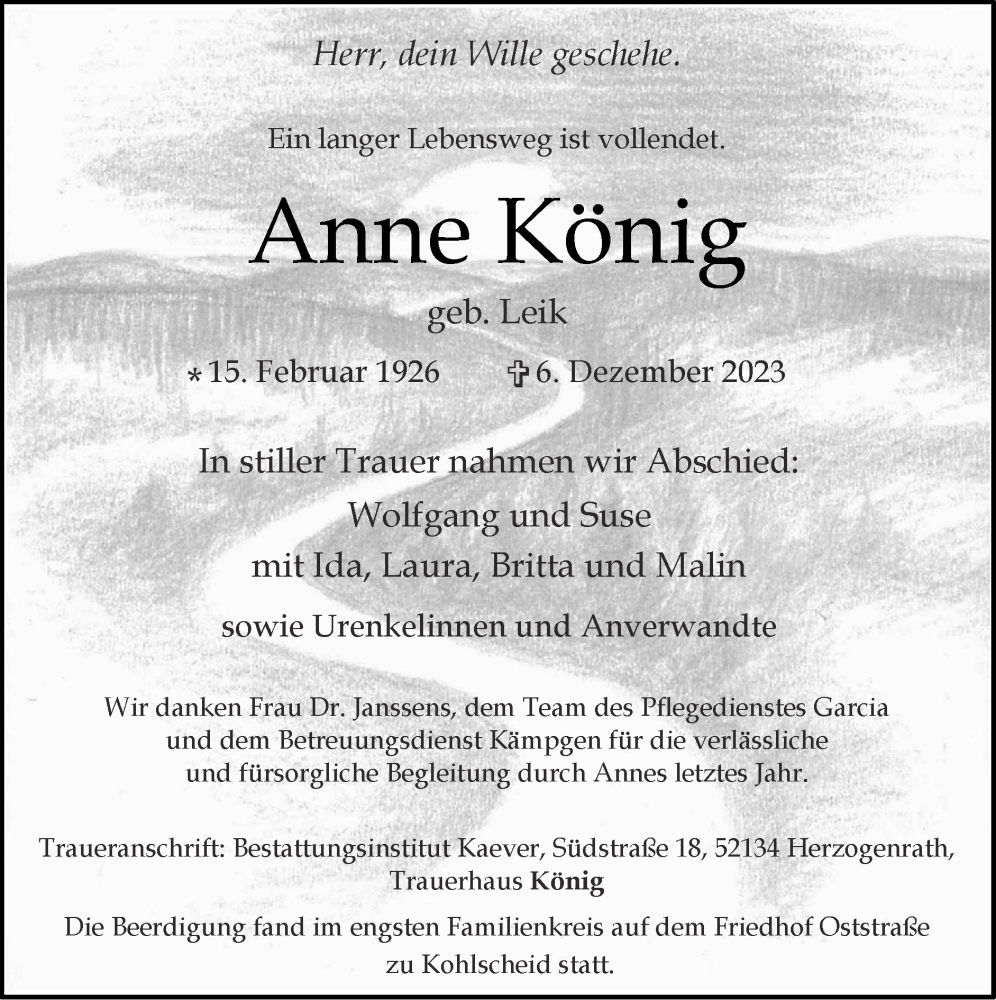 Traueranzeigen von Anne König | Aachen gedenkt