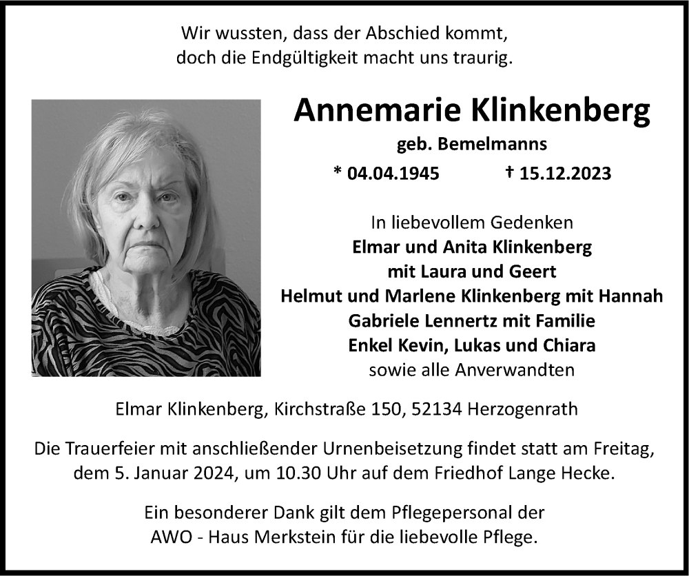 Traueranzeigen von Annemarie Klinkenberg | Aachen gedenkt