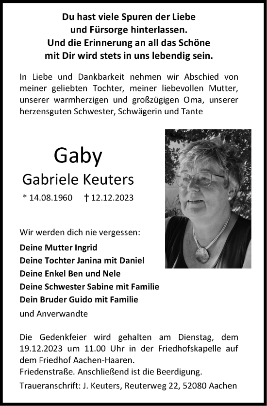 Traueranzeigen von Gabriele Keuters | Aachen gedenkt Traueranzeigen von Gabriele Keuters | Aachen gedenkt