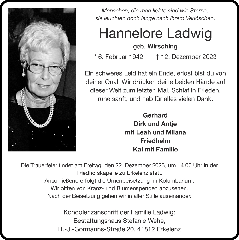 Traueranzeigen von Hannelore Ladwig | Aachen gedenkt