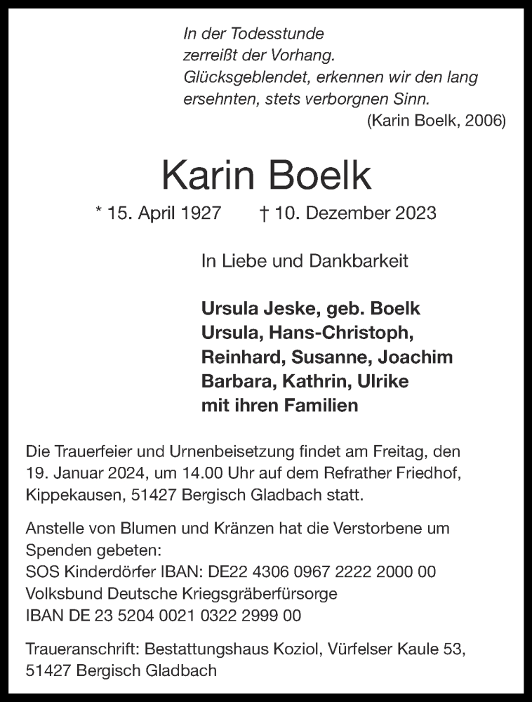 Traueranzeigen von Karin Boelk | Aachen gedenkt