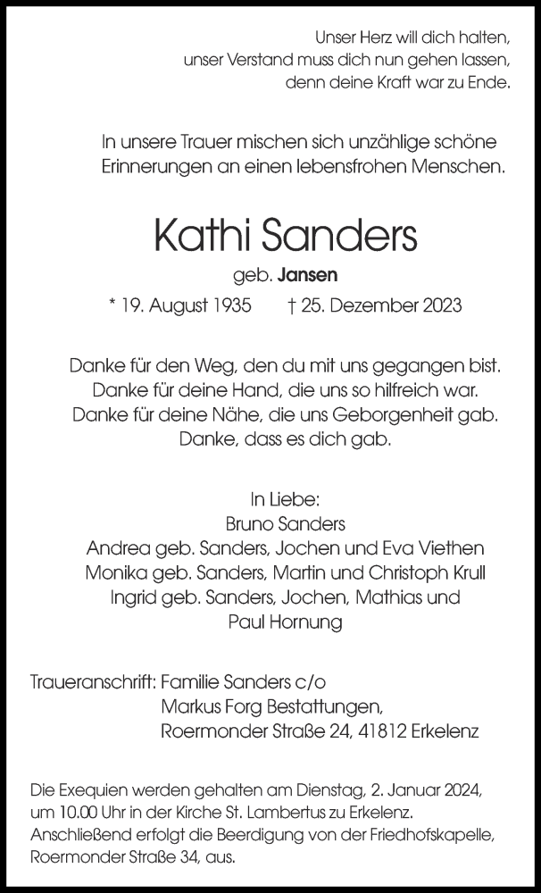 Traueranzeigen von Kathi Sanders | Aachen gedenkt
