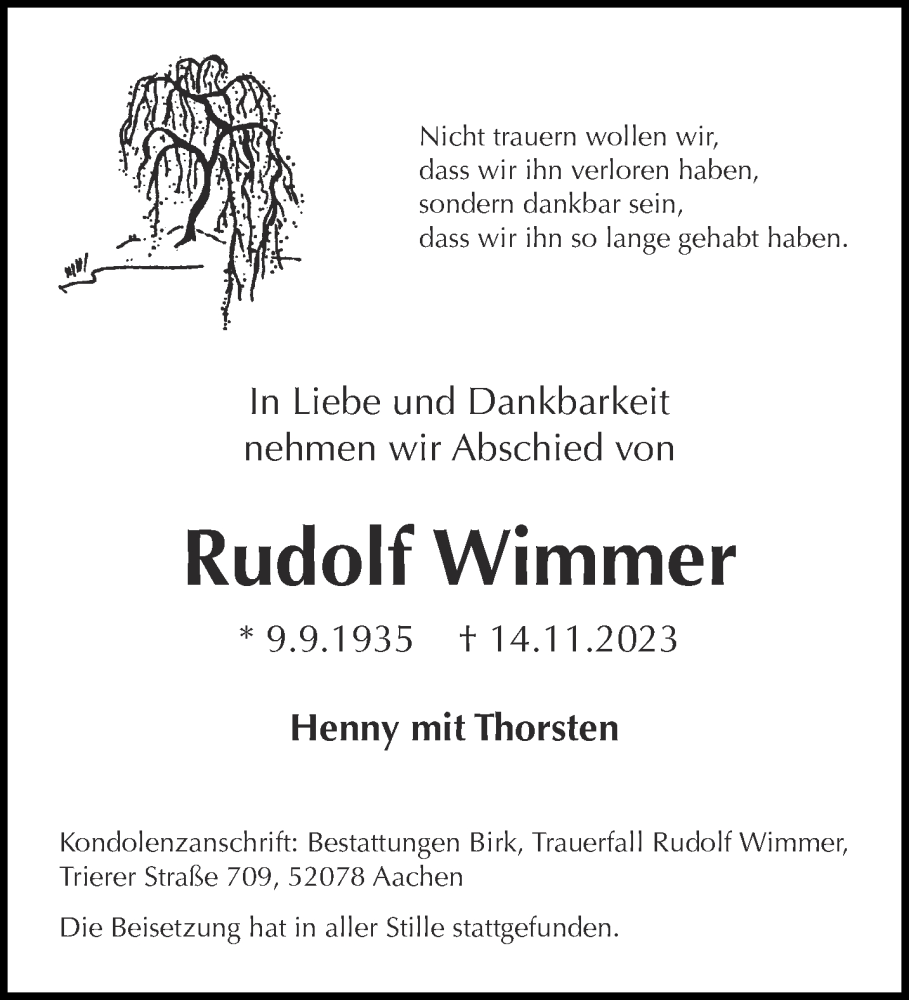 Traueranzeigen von Rudolf Wimmer | Aachen gedenkt