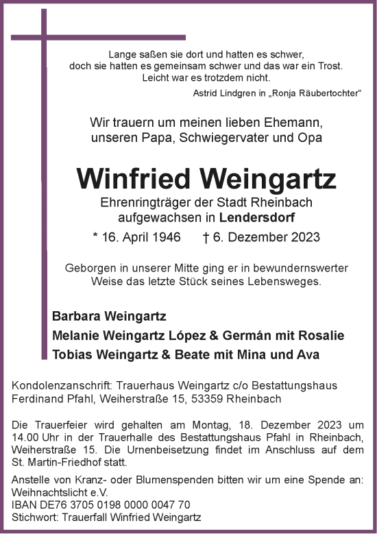 Traueranzeigen von Winfried Weingartz | Aachen gedenkt