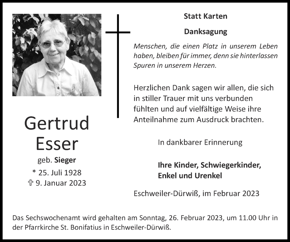 Traueranzeigen von Gertrud Esser | Aachen gedenkt