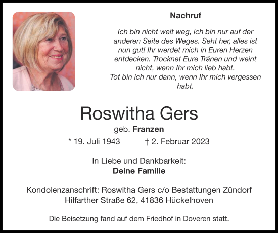 Traueranzeigen von Roswitha Gers | Aachen gedenkt