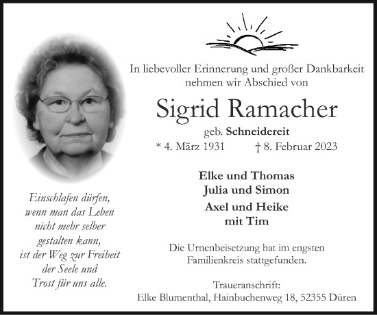 Traueranzeigen von Sigrid Ramacher | Aachen gedenkt Traueranzeigen von Sigrid Ramacher | Aachen gedenkt