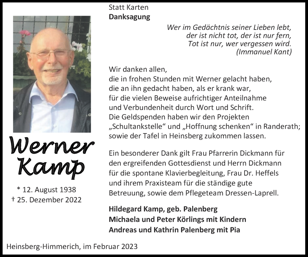 Traueranzeigen von Werner Kamp | Aachen gedenkt