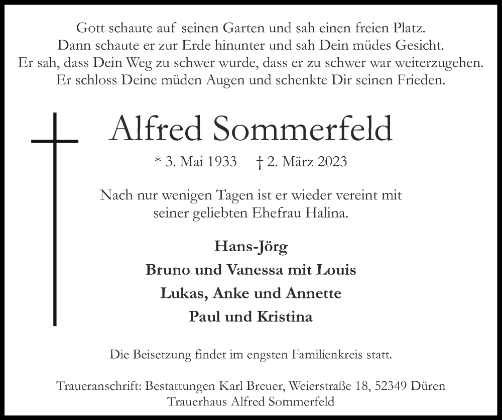 Traueranzeigen von Alfred Sommerfeld | Aachen gedenkt