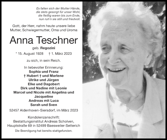 Traueranzeigen von Anna Teschner | Aachen gedenkt