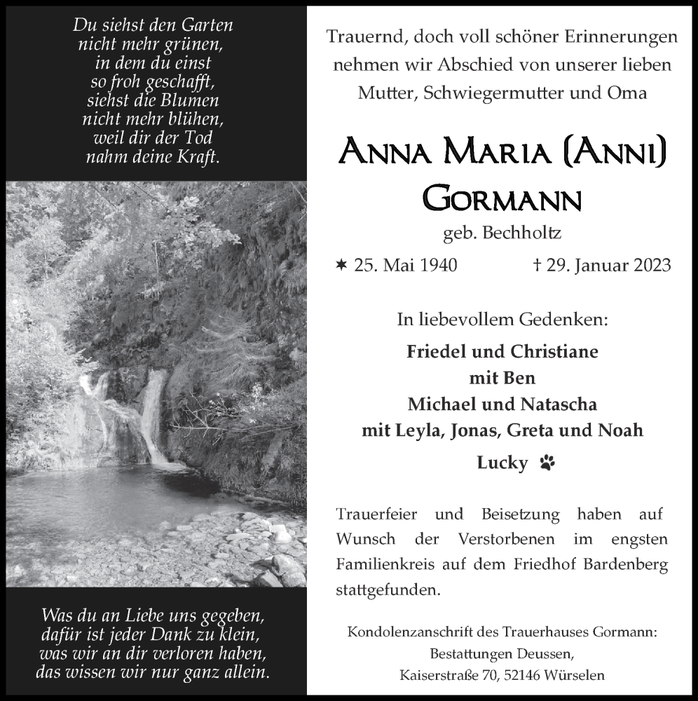 Traueranzeigen von Anna Maria Gormann | Aachen gedenkt