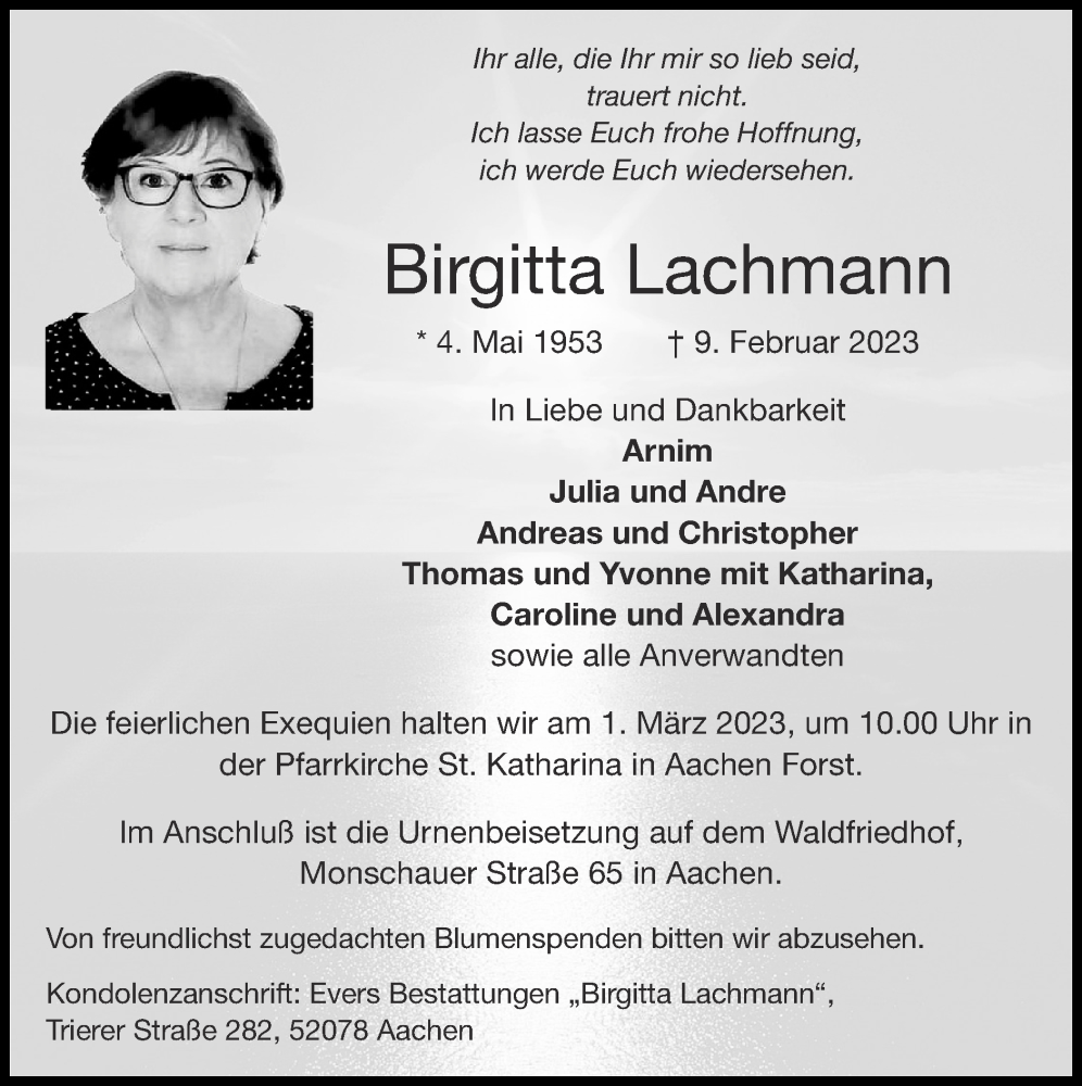 Traueranzeigen von Birgitta Lachmann | Aachen gedenkt