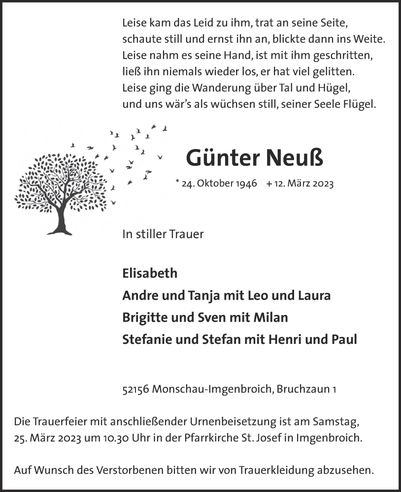 Traueranzeigen von Günter Neuß | Aachen gedenkt
