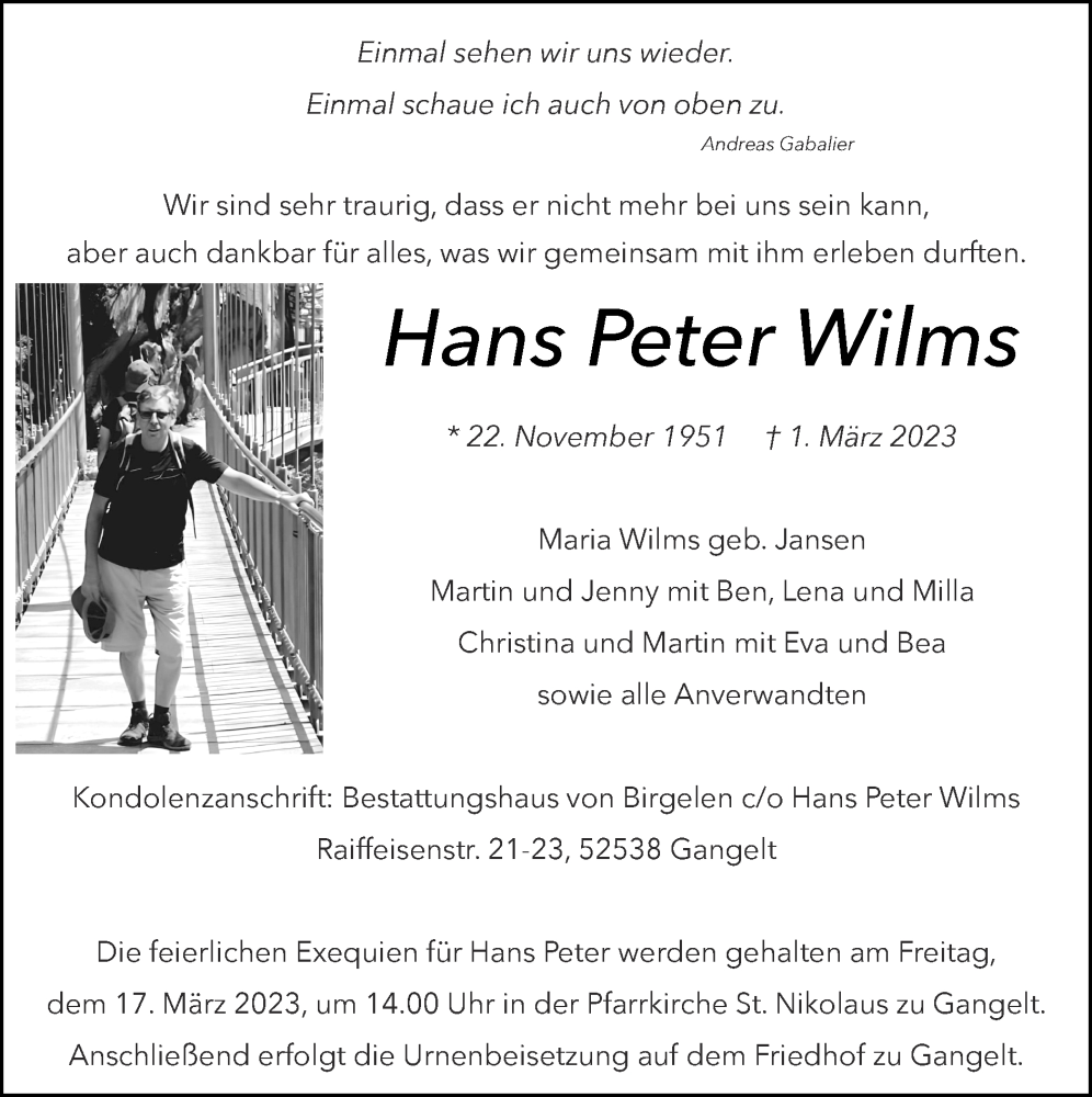 Traueranzeigen von Hans Peter Wilms | Aachen gedenkt