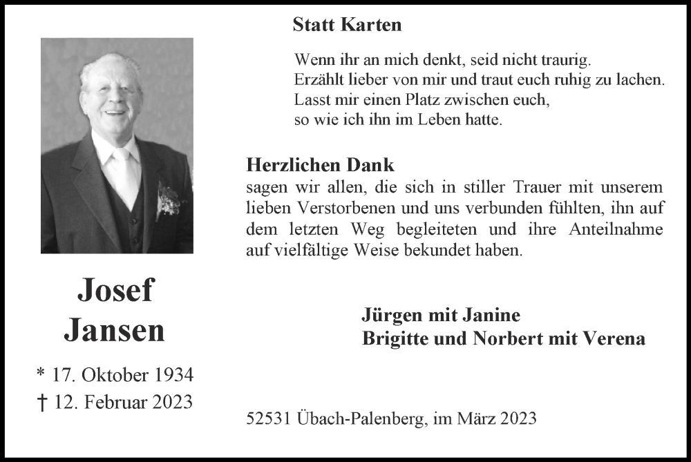 Traueranzeigen von Josef Jansen | Aachen gedenkt