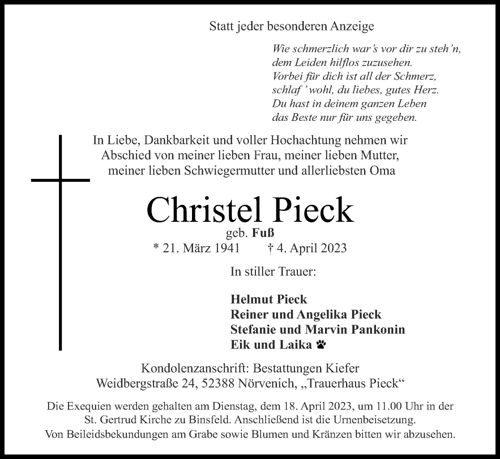 Traueranzeigen von Christel Pieck | Aachen gedenkt Traueranzeigen von Christel Pieck | Aachen gedenkt