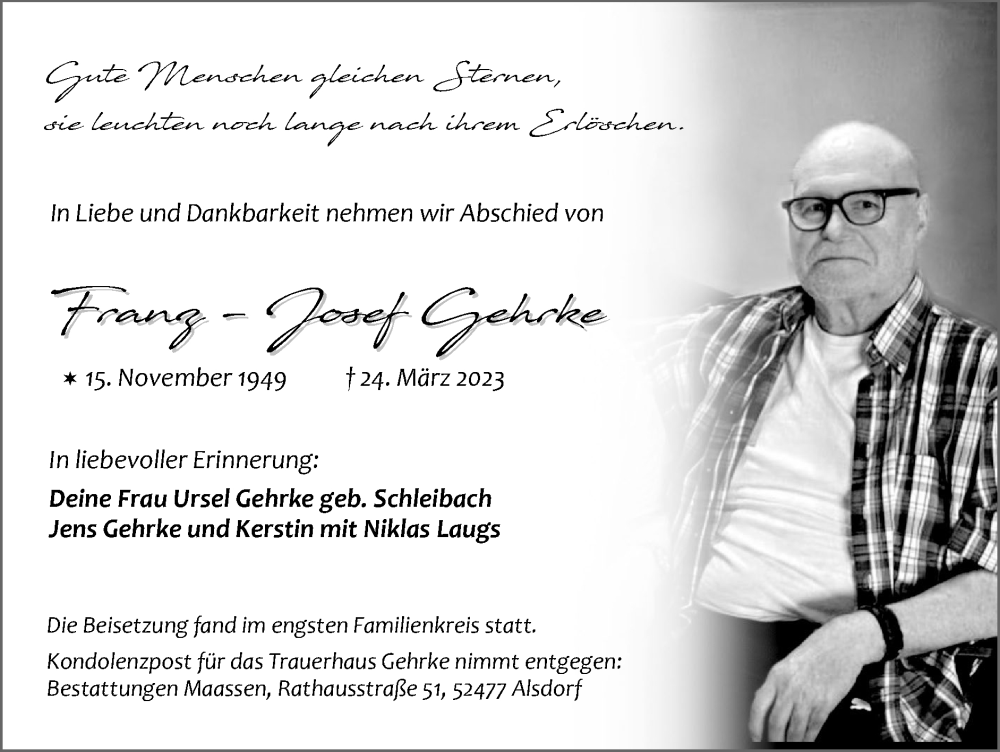 Traueranzeigen von Franz-Josef Gehrke | Aachen gedenkt