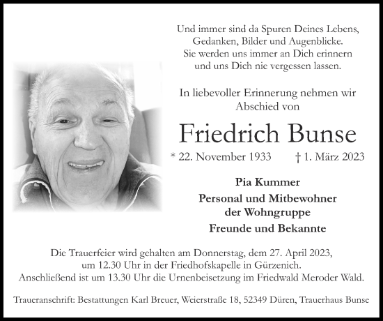 Traueranzeigen von Friedrich Bunse | Aachen gedenkt