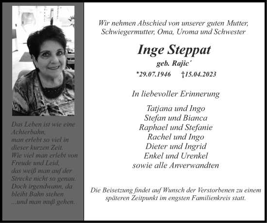 Traueranzeigen von Inge Steppat | Aachen gedenkt