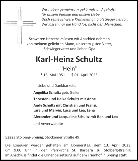 Traueranzeigen von Karl-Heinz Schultz | Aachen gedenkt