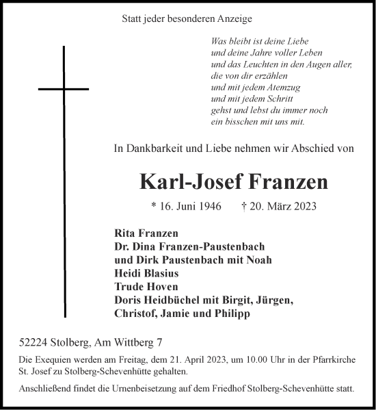 Traueranzeigen von Karl-Josef Franzen | Aachen gedenkt