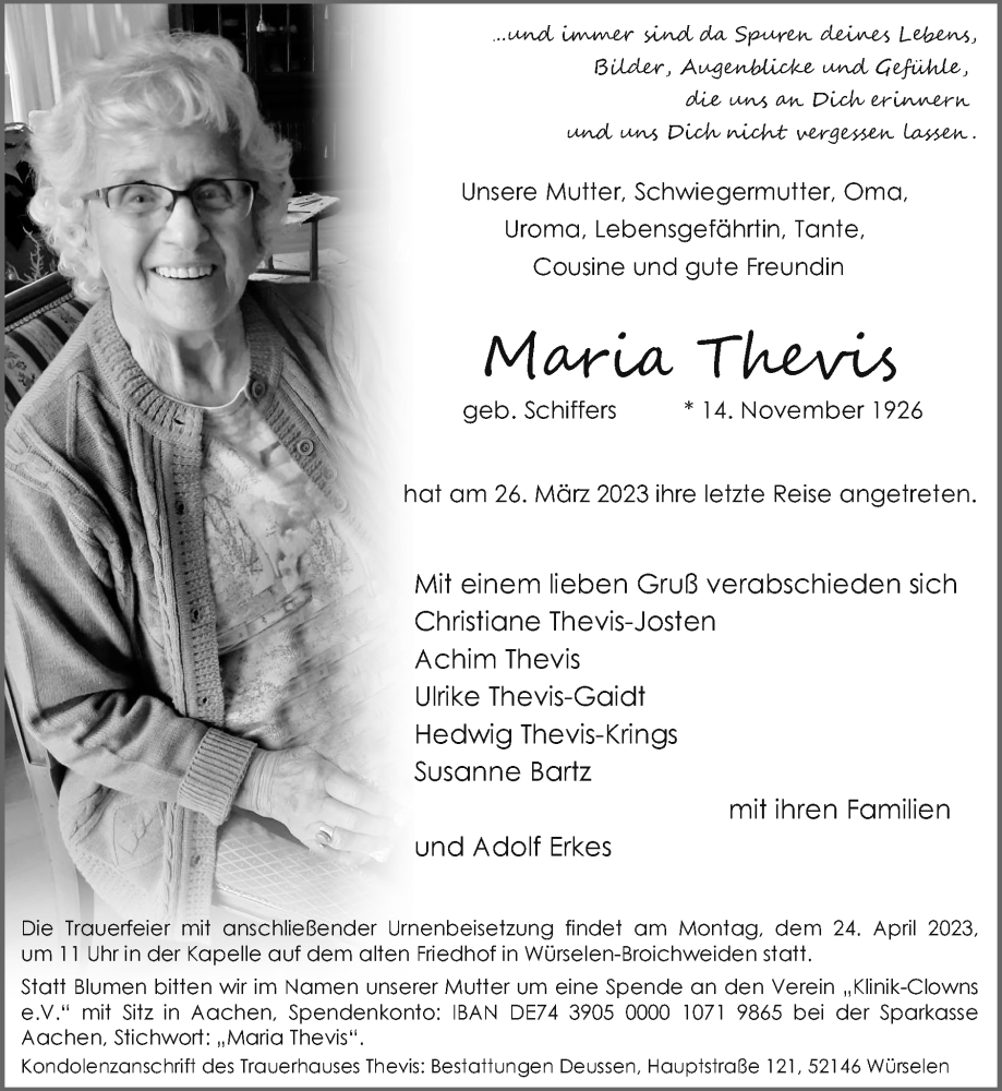 Traueranzeigen von Maria Thevis | Aachen gedenkt