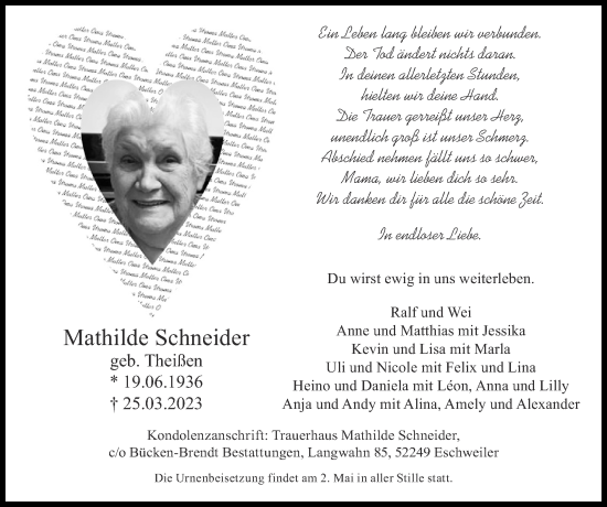 Traueranzeigen von Mathilde Schneider | Aachen gedenkt